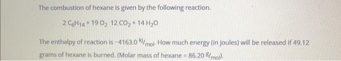 Solved The combustion of hexane is given by the following | Chegg.com