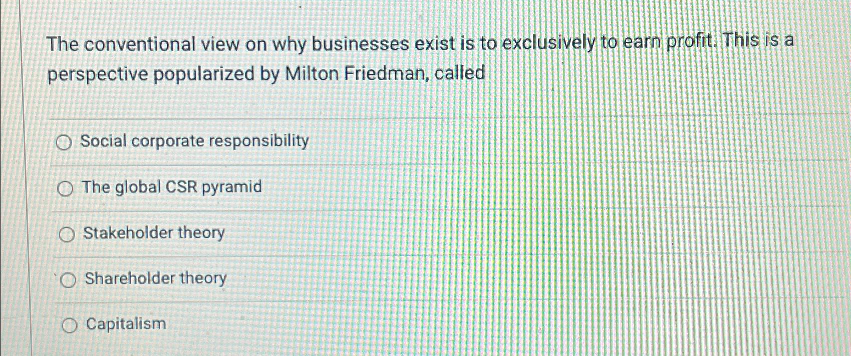 Solved The conventional view on why businesses exist is to | Chegg.com