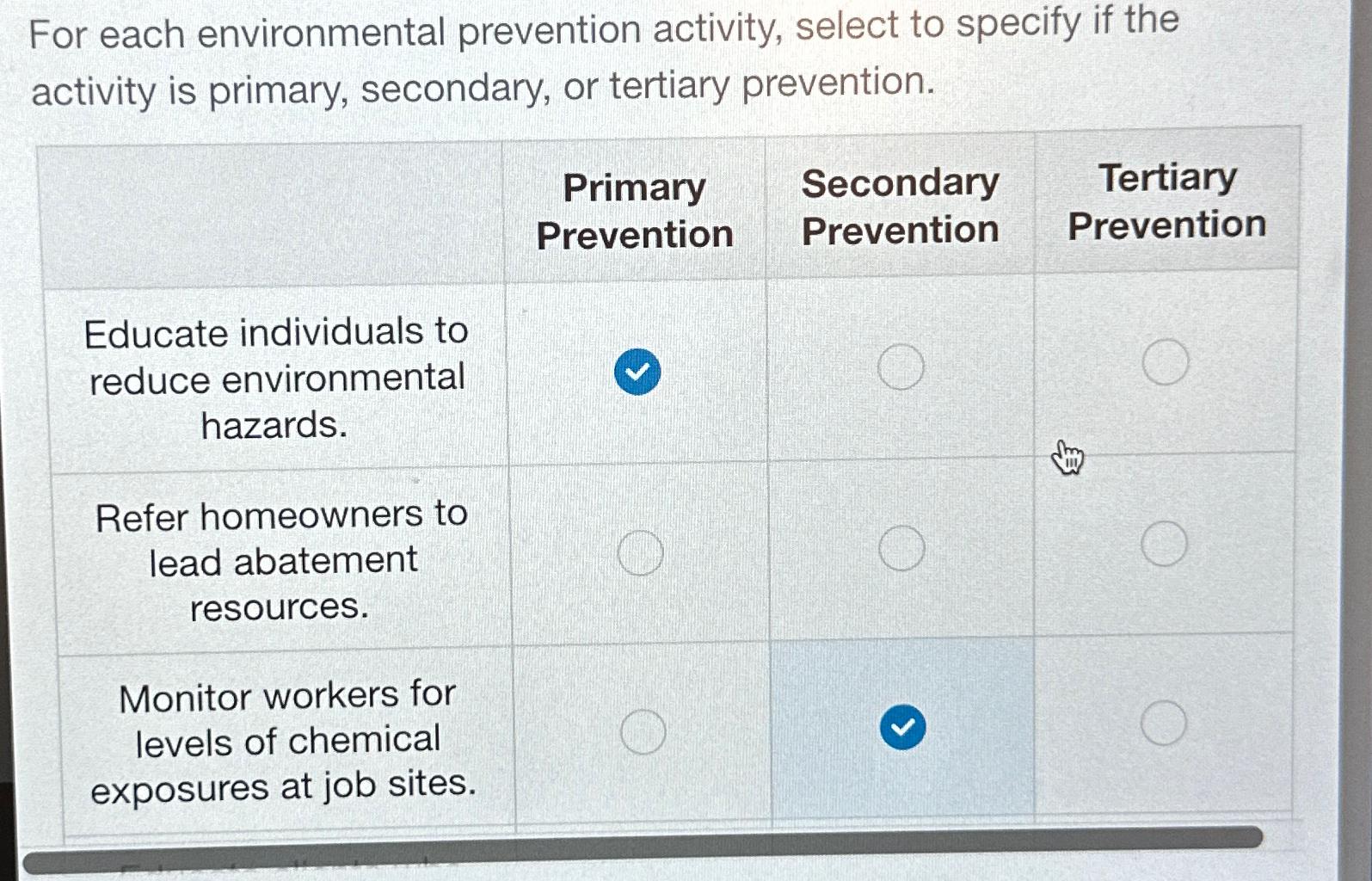 Solved For each environmental prevention activity, select to | Chegg.com