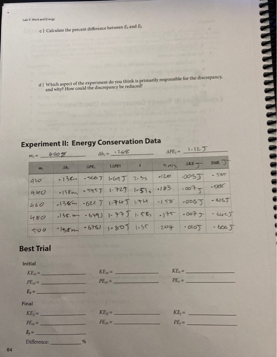 Lab 7: Work and Energy c Calculate the percent | Chegg.com