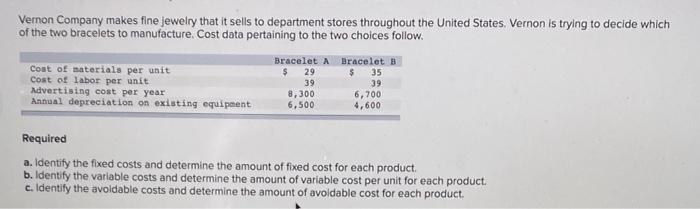 Solved Vernon Company makes fine jewelry that it sells to | Chegg.com