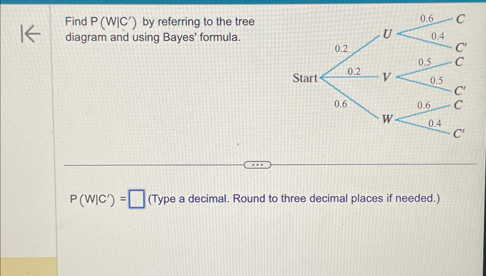 Solved Find P(W|C') ﻿by referring to the tree diagram and | Chegg.com