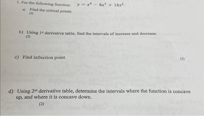 Solved 1. For the following function: a) Find the critical | Chegg.com