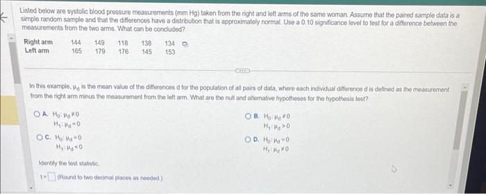 Solved isted below are systolic blood pressure measurements | Chegg.com