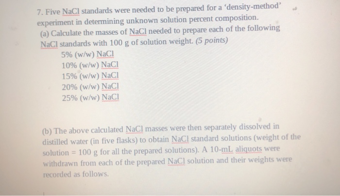 Solved 7. Five NaCl standards were needed to be prepared for | Chegg.com