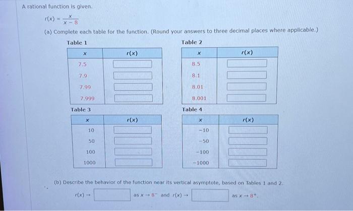 Solved A rational function is given. X X-8 (a) Complete each | Chegg.com