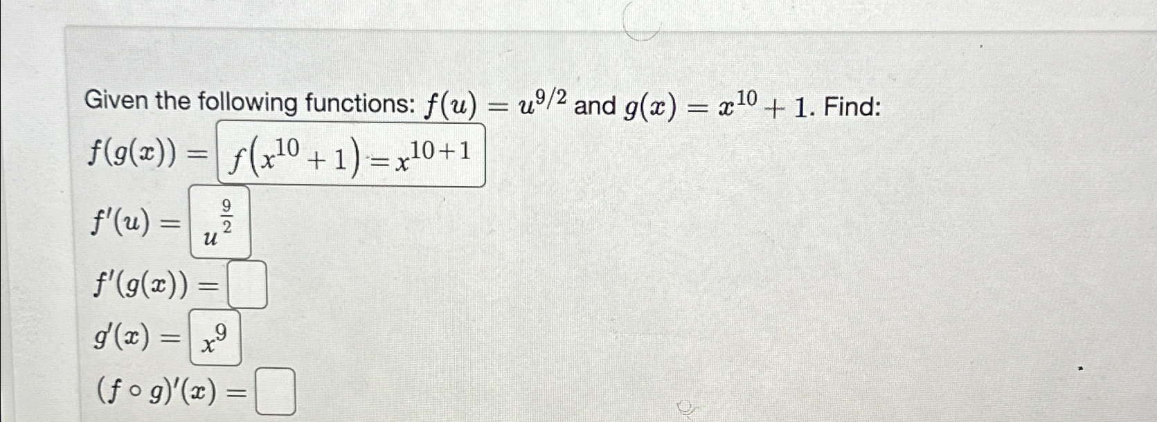 Solved Given the following functions: f(u)=u92 ﻿and | Chegg.com