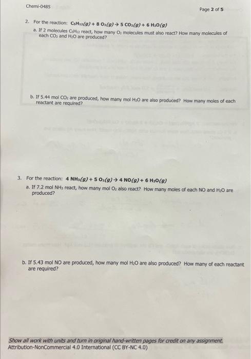 Solved 2. For the reaction: C3H12(g)+8O2(g)→5CO2(g)+6H2O(g) | Chegg.com