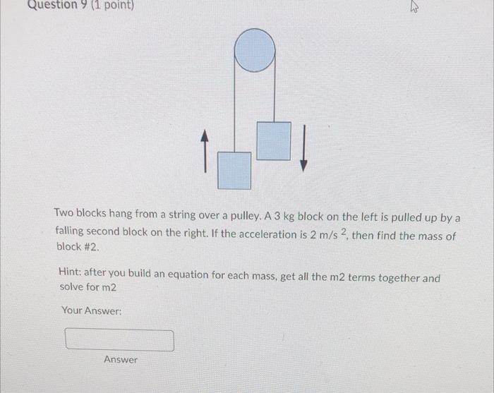 Solved Two blocks hang from a string over a pulley. A 3 kg | Chegg.com