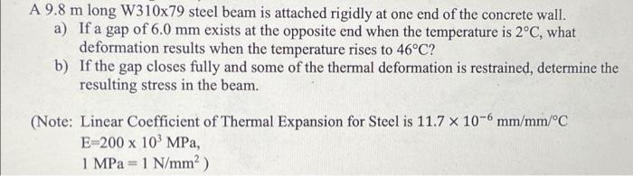 Solved A 9.8 m long W310x79 steel beam is attached rigidly | Chegg.com