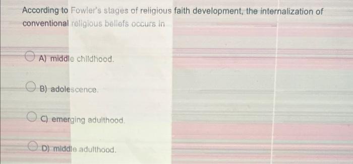 Solved According to Fowler's stages of religious faith | Chegg.com