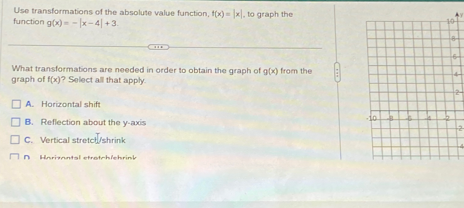 Solved Use transformations of the absolute value function, | Chegg.com Solved Use transformations of the absolute value function, | Chegg.com