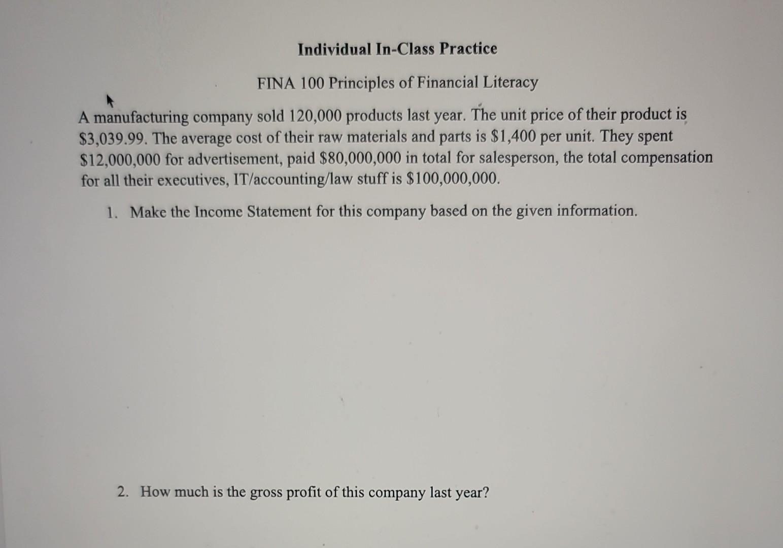 Solved Individual In-Class Practice FINA 100 Principles of | Chegg.com