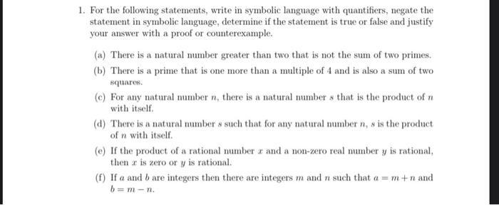 Solved 1. For the following statements, write in symbolic | Chegg.com