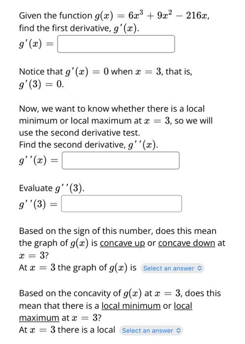 Solved Given the function g(x) = 6x3 + 9x2 – 2162, find the | Chegg.com