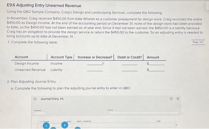 Solved E9.6 Adjusting Entry Unearned Revenue Using the QBO | Chegg.com