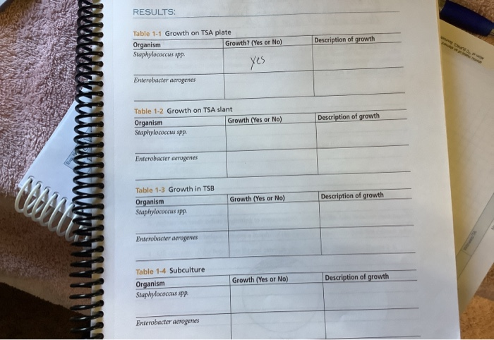 Solved RESULTS: Table 1-1 Growth on TSA plate Organism | Chegg.com