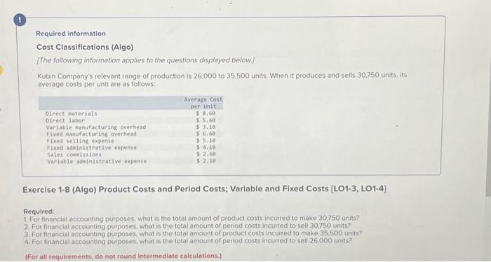 Solved Required information Cost Classifications (Algo) The | Chegg.com