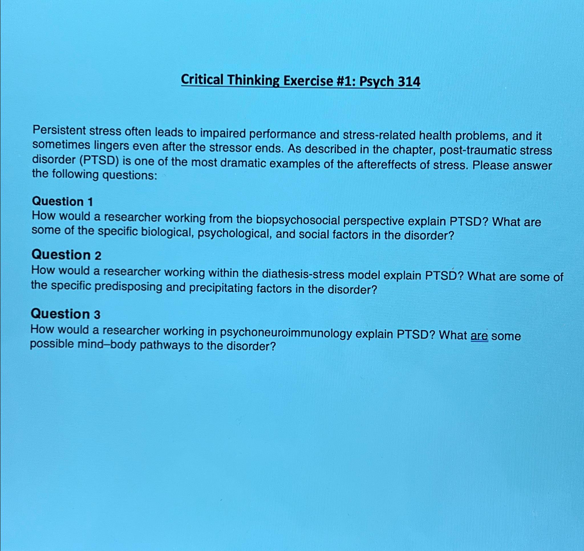 Solved Critical Thinking Exercise #1: Psych 314Persistent | Chegg.com