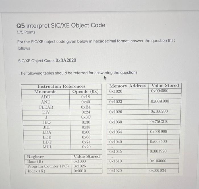 Solved Q5 Interpret SIC/XE Object Code 1.75 Points For the | Chegg.com