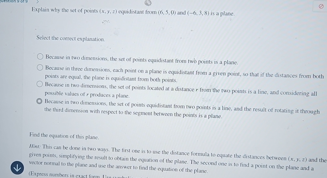 Solved Explain why the set of points (x,y,z) ﻿equidistant | Chegg.com