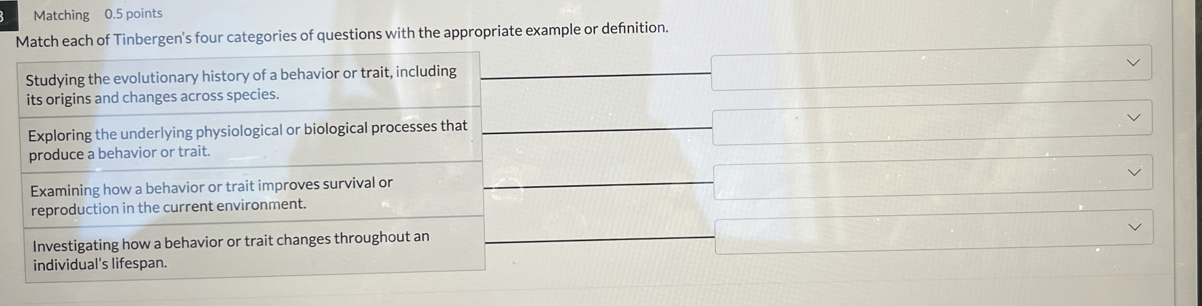 Solved Matching0.5 ﻿pointsMatch each of Tinbergen's four | Chegg.com