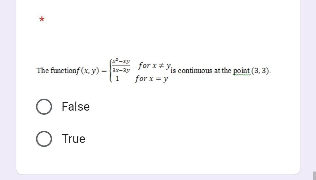 Solved The function f(x,y)={3x−3yx2−xy1 for x =y for x=y is | Chegg.com