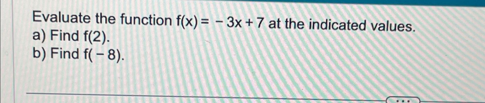 Solved Evaluate the function f(x)=-3x+7 ﻿at the indicated | Chegg.com