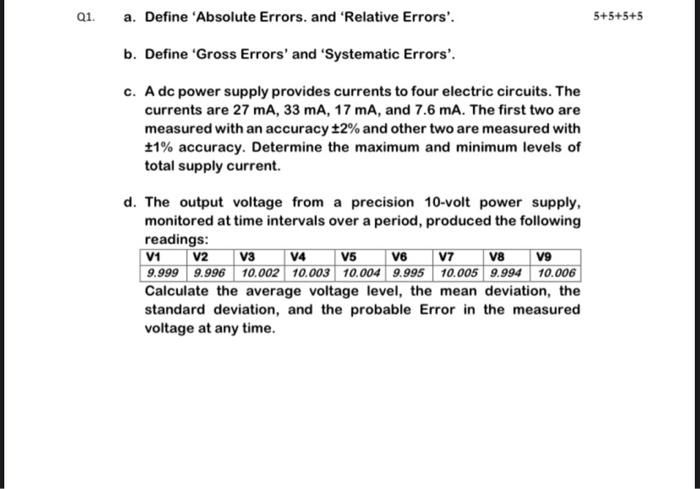 Solved Q1. a. Define 'Absolute Errors, and Relative Errors'. | Chegg.com