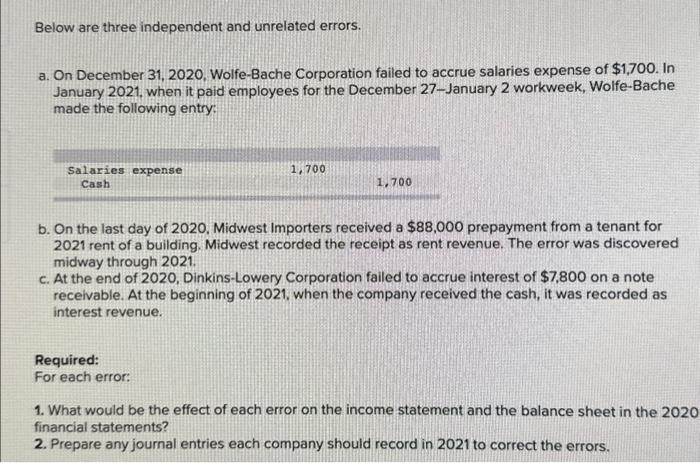 Solved Below are three independent and unrelated errors. a. | Chegg.com