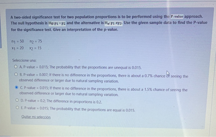 Solved A two-sided significance test for two population | Chegg.com