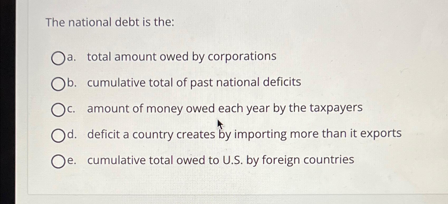 Solved The national debt is the:a. ﻿total amount owed by | Chegg.com