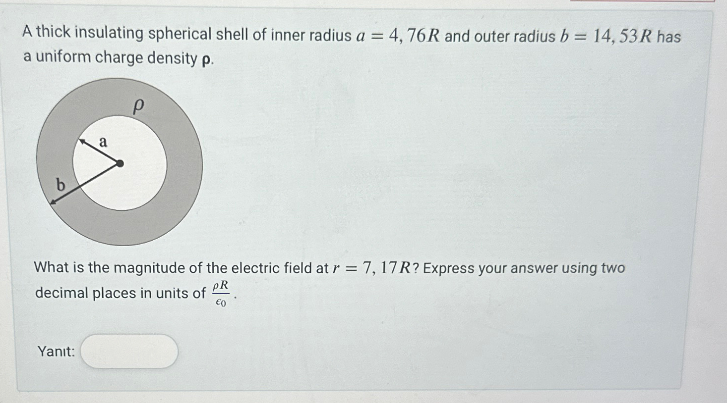 Solved A thick insulating spherical shell of inner radius | Chegg.com