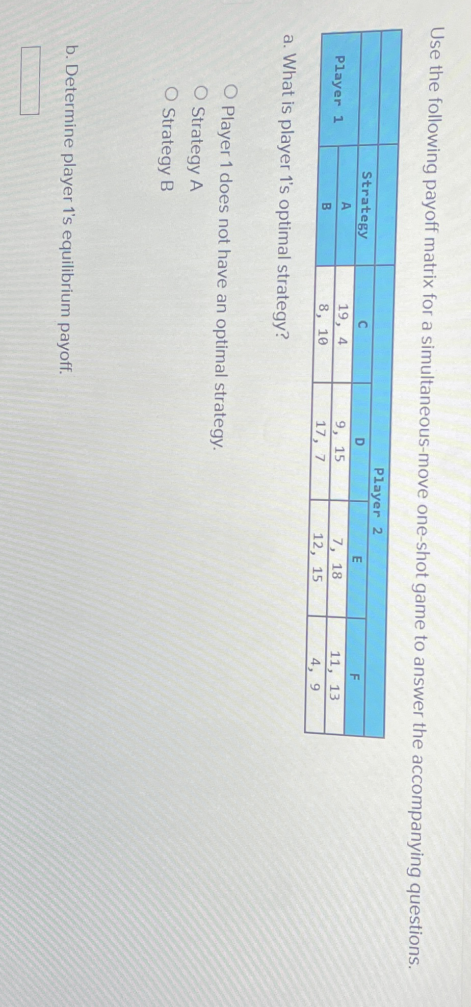 Solved Use the following payoff matrix for a | Chegg.com