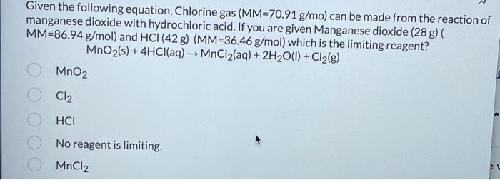 Solved Given the following equation, Chlorine gas (MM=70.91 | Chegg.com