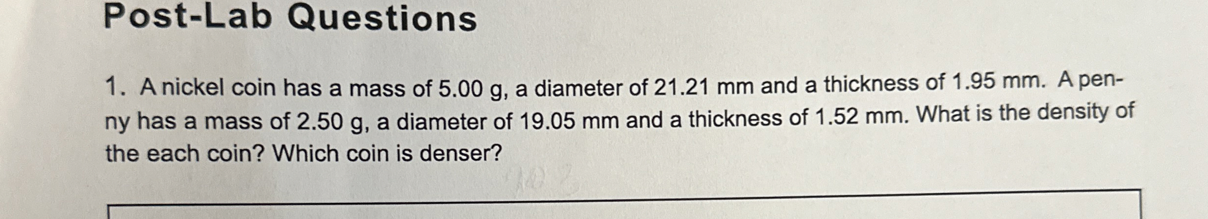 Solved Post-Lab QuestionsA nickel coin has a mass of 5.00g, | Chegg.com