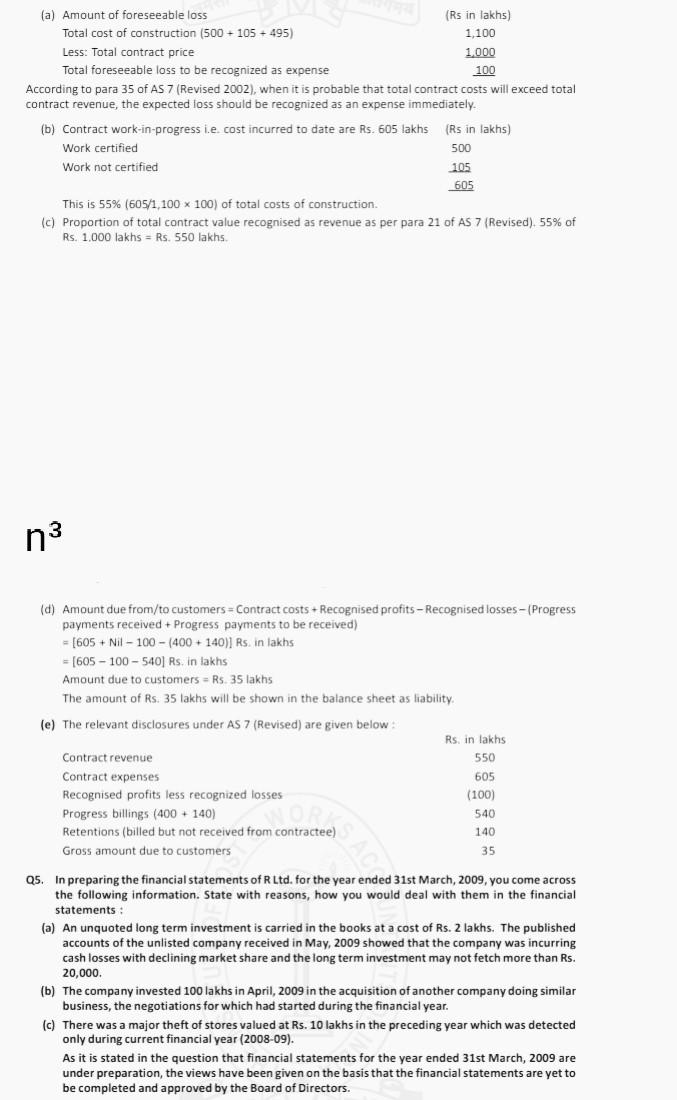 Solved 1,100 (a) Amount of foreseeable loss (Rs in lakhs) | Chegg.com