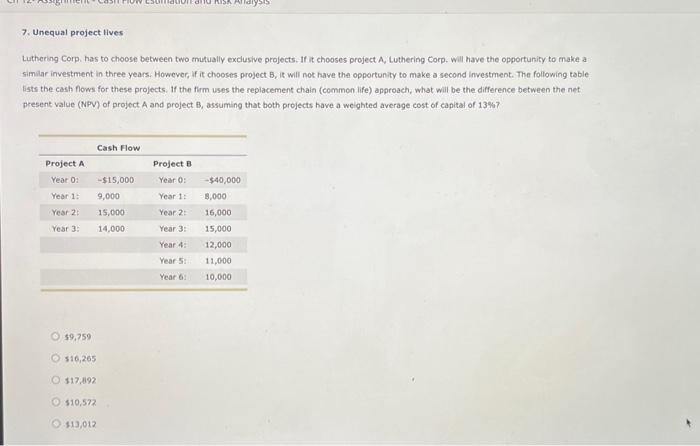 Solved 7. Unequal project lives Luthering Corp. has to | Chegg.com