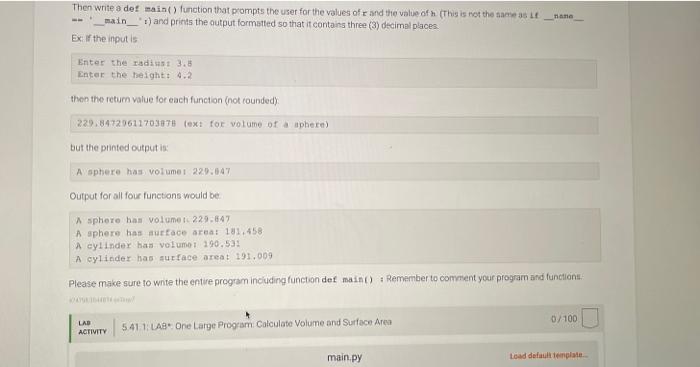 Solved 5.41 LAB*: One Large Program: Calculate Volume and | Chegg.com