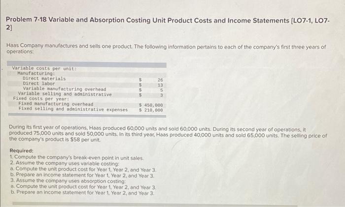 Solved Problem 7-18 Variable and Absorption Costing Unit | Chegg.com