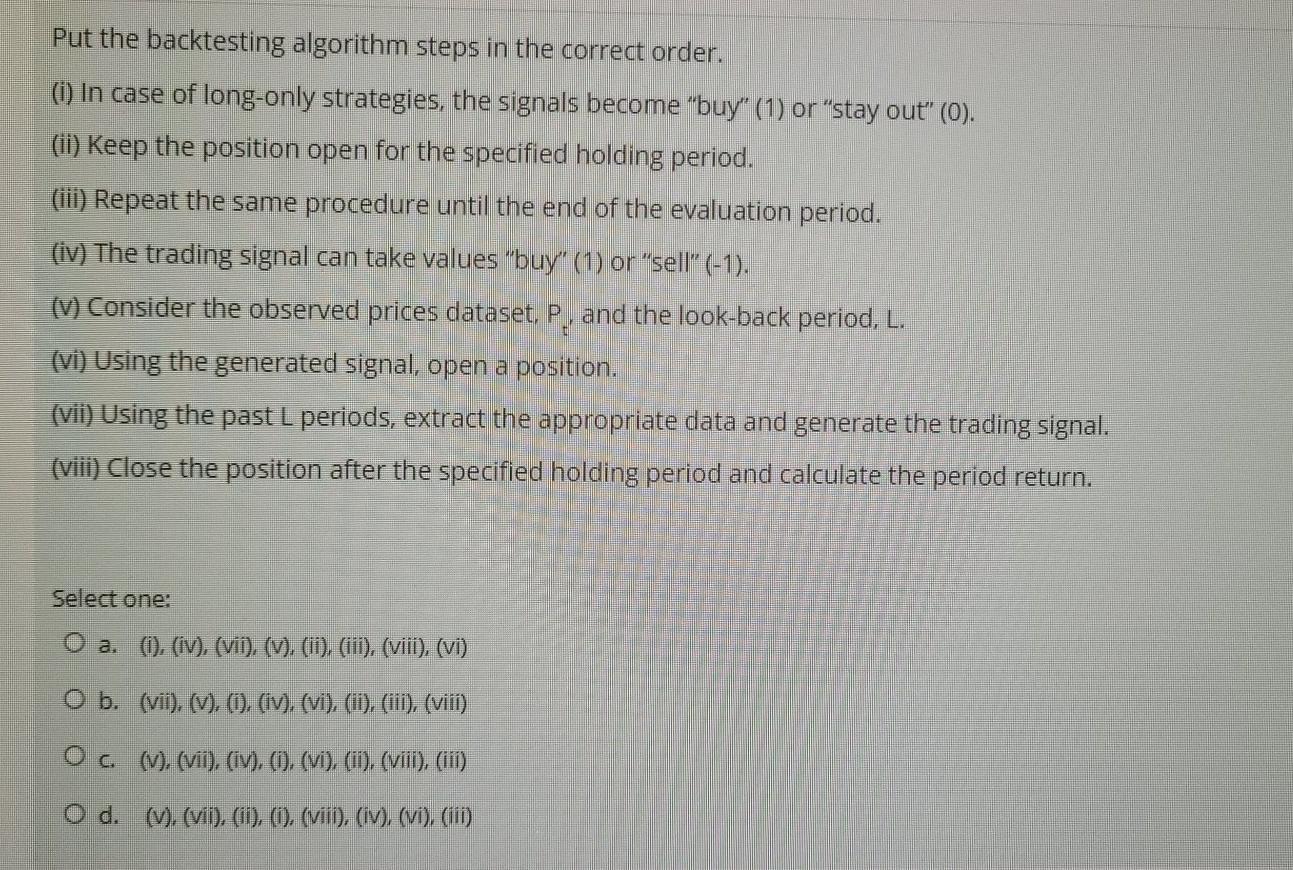 Solved Put The Backtesting Algorithm Steps In The Correct