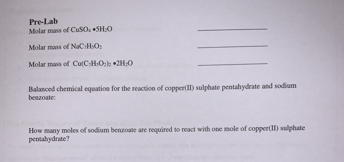 Solved Pre-Lab Molar mass of CuSO4.5H2O Molar mass of | Chegg.com