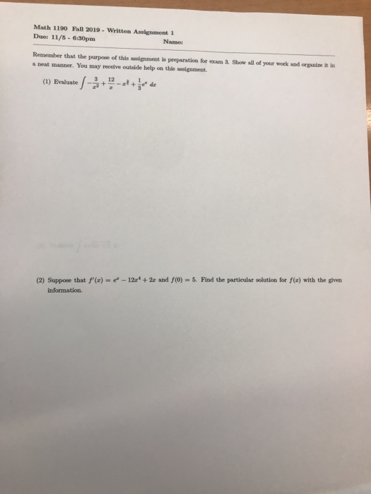Solved Math 1190 Fall 2019 - Written Assignment 1 Dues | Chegg.com