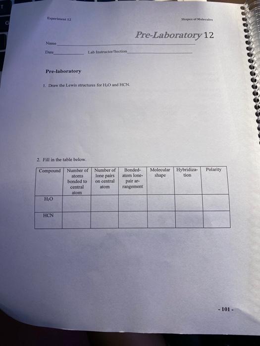 Solved Shapes of Molecules G Pre-Laboratory 12 Name Date Lab | Chegg.com