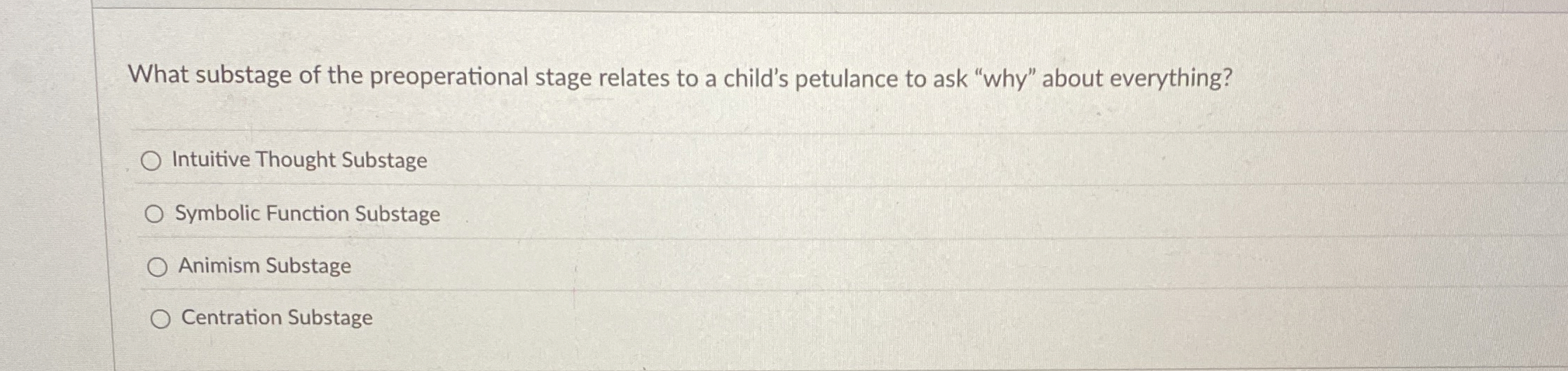 Solved What substage of the preoperational stage relates to | Chegg.com