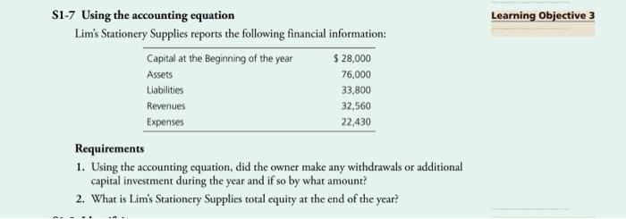 Solved S1-7 Using the accounting equation Lim's Stationery | Chegg.com