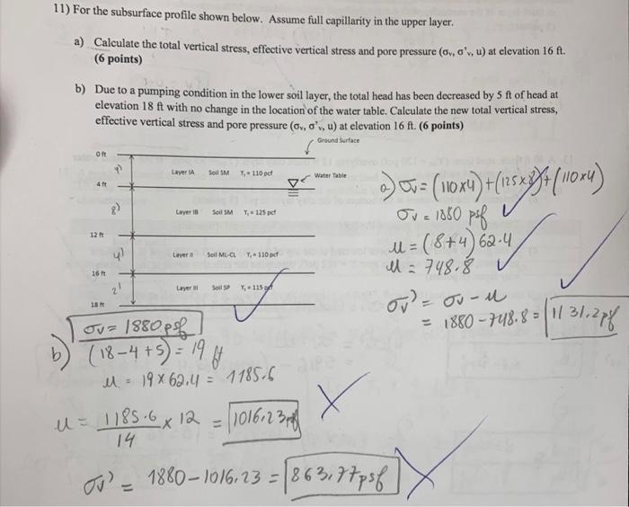 Solved 11) For the subsurface profile shown below. Assume | Chegg.com