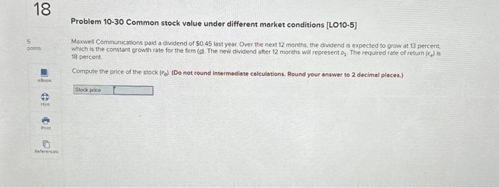 Solved Problem 10-30 Common stock volue under different | Chegg.com