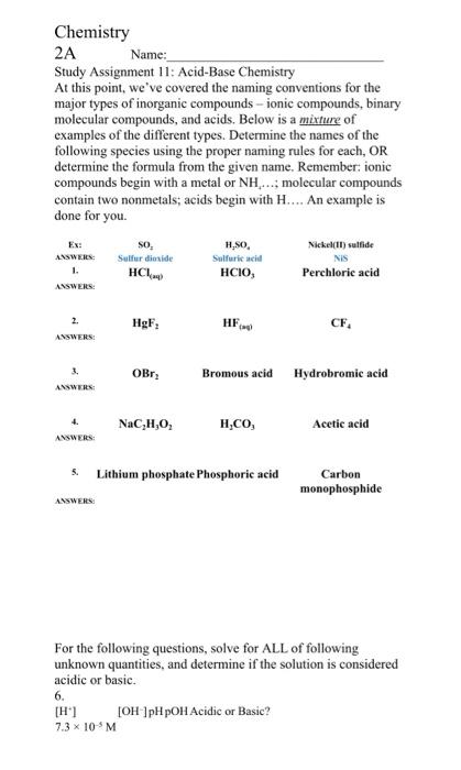 Solved Chemistry 2A Name: Study Assignment 11: Acid-Base | Chegg.com