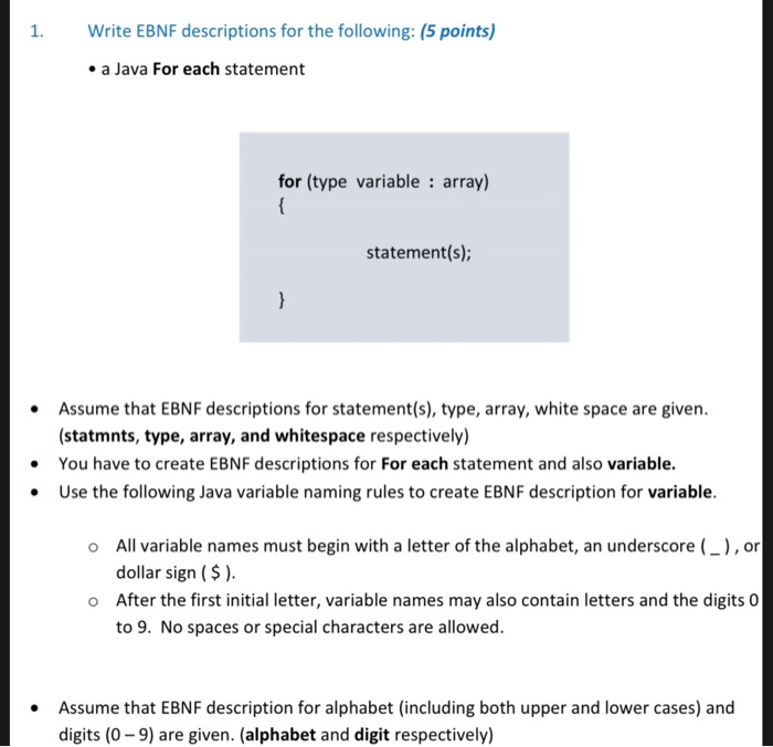 Solved Write EBNF descriptions for the following: (5 points) | Chegg.com